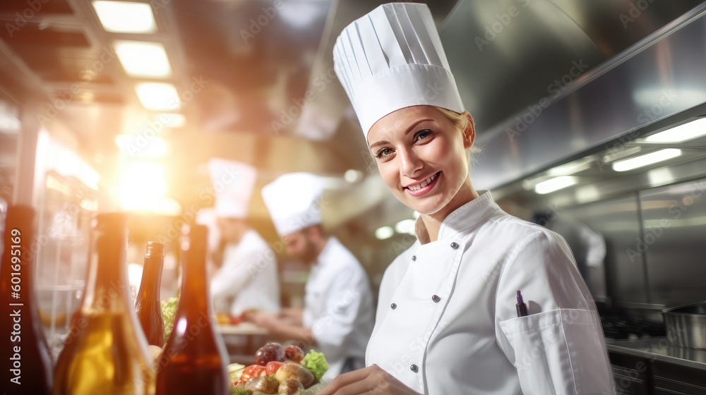 Smiling woman chef cook in restaurant kitchen cook new dishes for ...