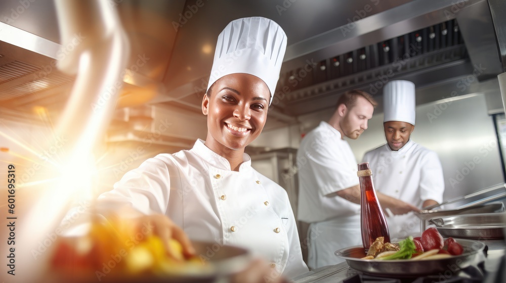 Smiling black woman chef cook in restaurant kitchen cook new dishes for ...