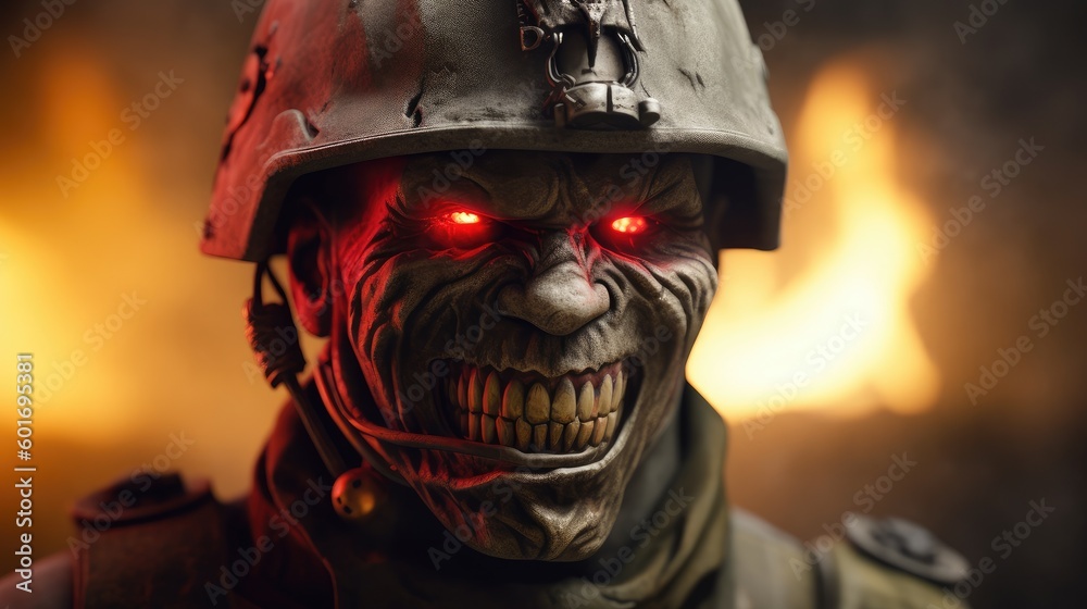 Sinister zombie orc soldier portrait with angry laughing on explosions fire background, ominous ...