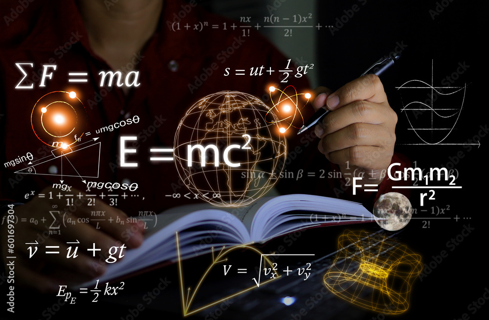 Physics equations floating in the background, hands writing in ...