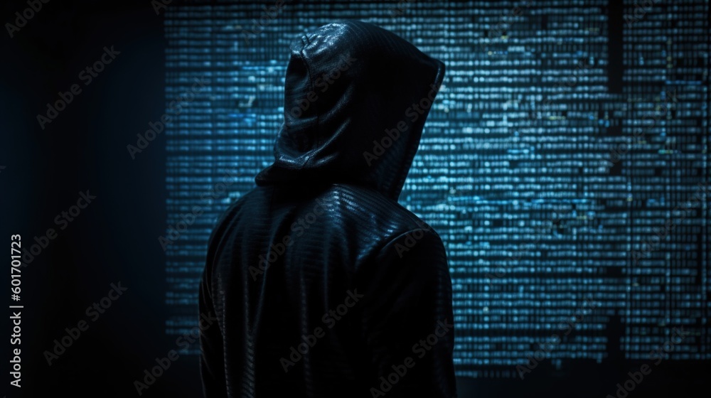 Computer hacker in hoodie with matrix code instead his face on blue digital background. Data ...