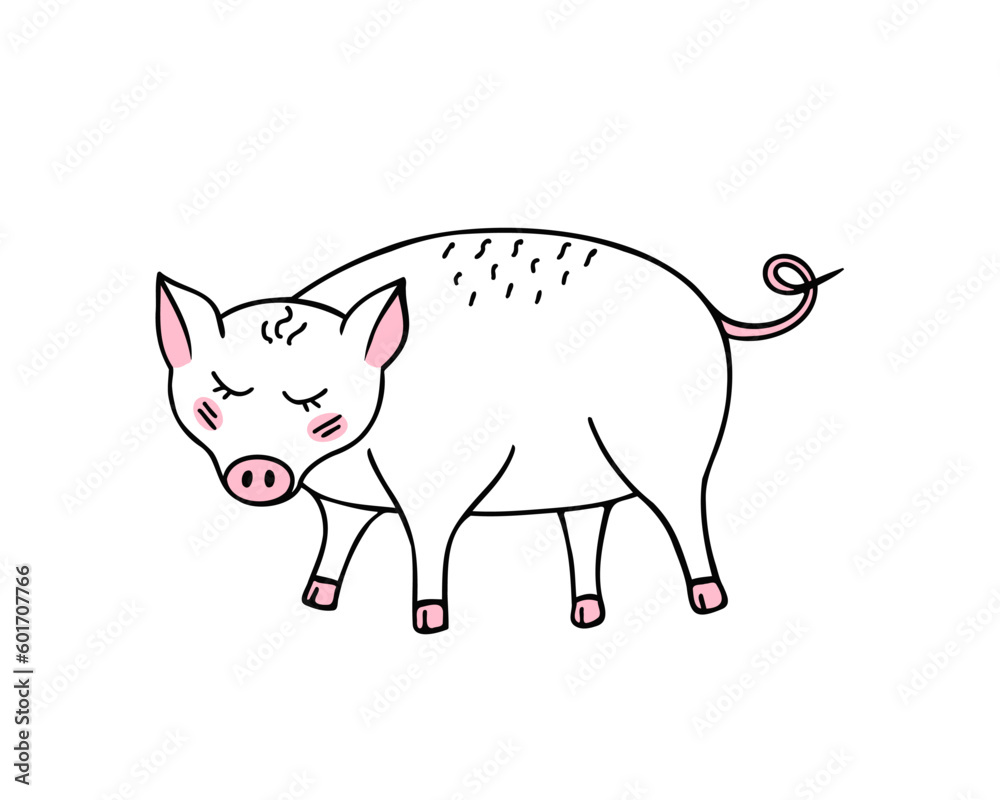 Pig outline, cartoon pig, farm animal. Vector Illustration for printing ...