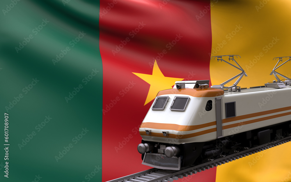 Cameroon country national flag with speed trains railroad locomotive ...