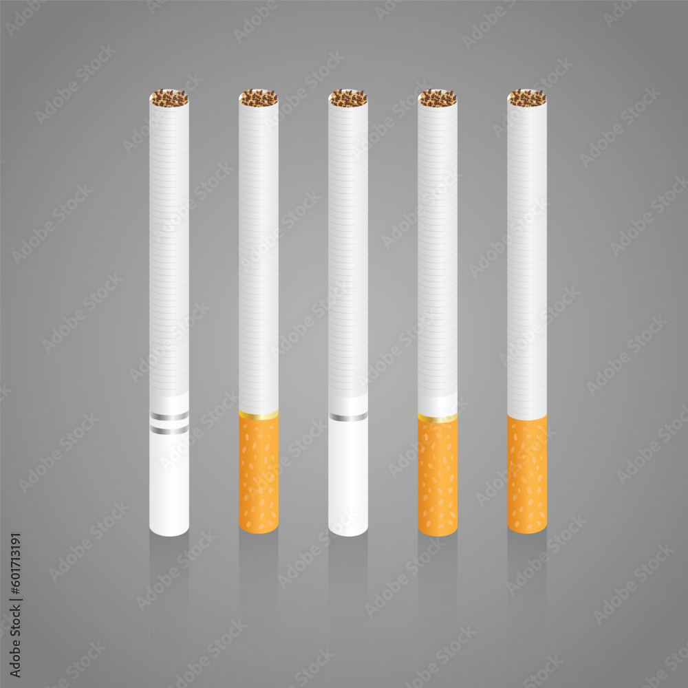 Cigarettes on a gray background. Five different realistic cigarettes ...