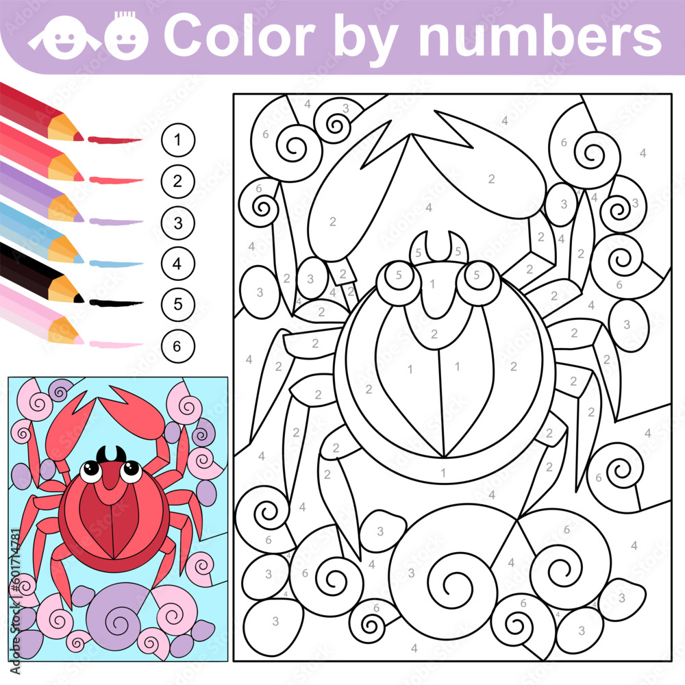 Color by Numbers. Crab in the sea. Coloring puzzle with numbers for ...