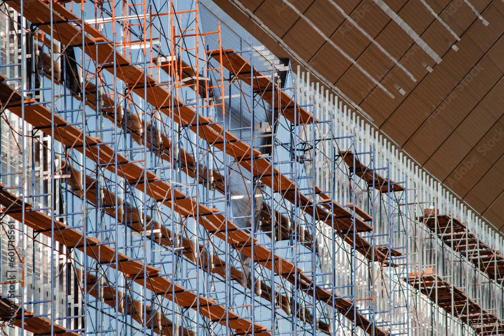 Multi-level scaffolding installed on the facade of the building. Stock ...
