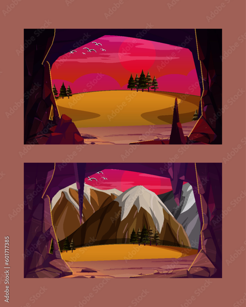 Entrance to cave in mountain with scenery landscape view of green grass ...