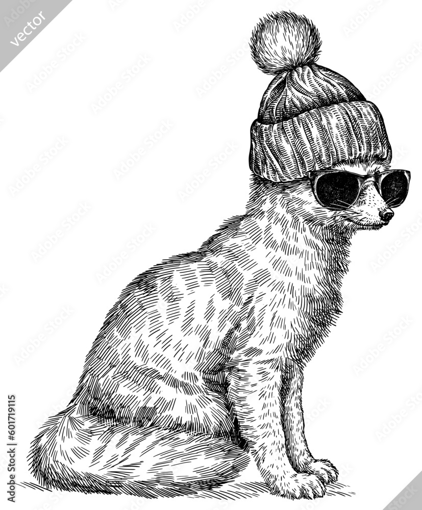 Vintage engraving isolated fennec set glasses dressed fashion ...