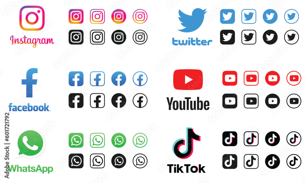 Social media icons logo set. Instagram, facebook, twitter, tiktok ...