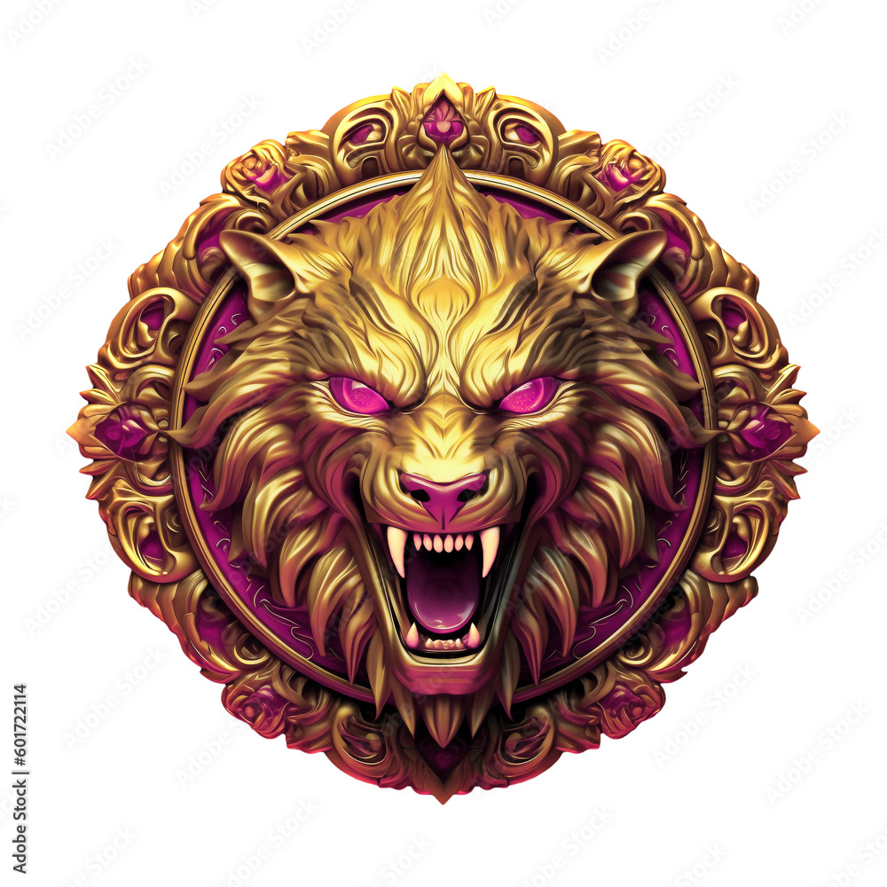 A Silver and gold metal wolf head metal emblem. 3D style wolf metal ...