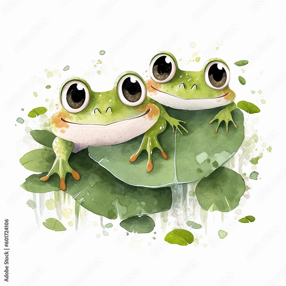 Watercolor cartoon illustration of a couple of green frogs sitting on ...