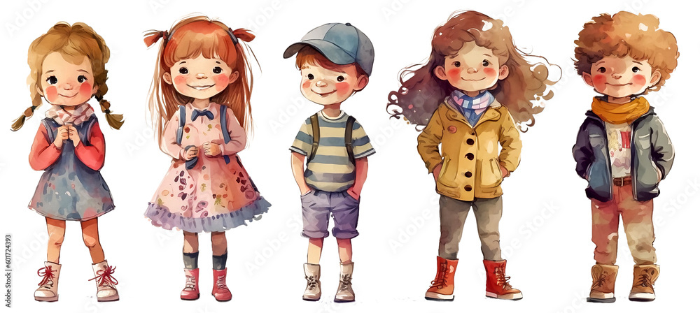 Cute cartoon little girls and boys with different clothes standing in a ...