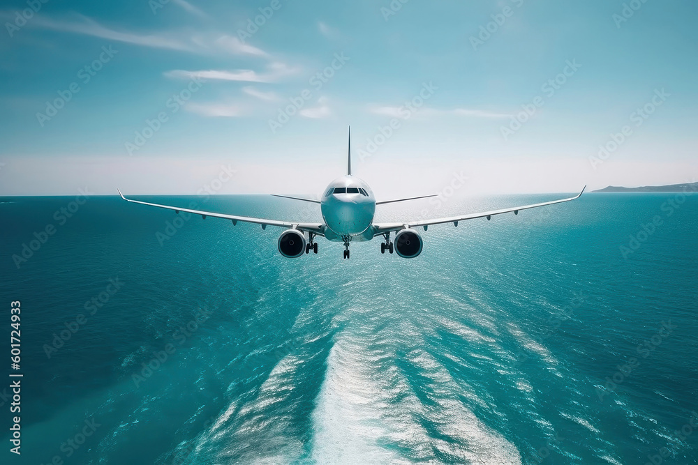 Airplane flying low over tropical sea at sunset front view. aerial shot ...