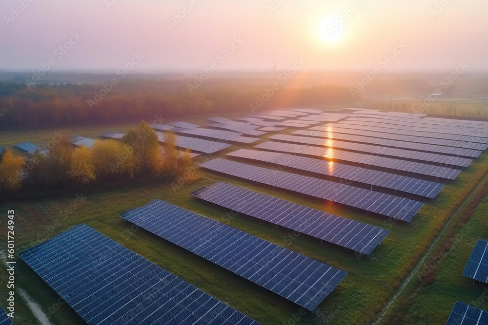 Solar farm, field or solar power plant in aerial view consist of ...