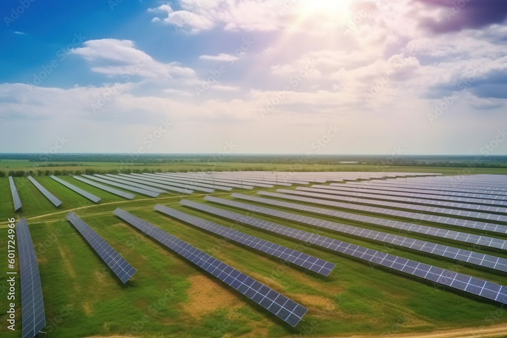 A bird's-eye view of a solar farm reveals an expansive array of ...