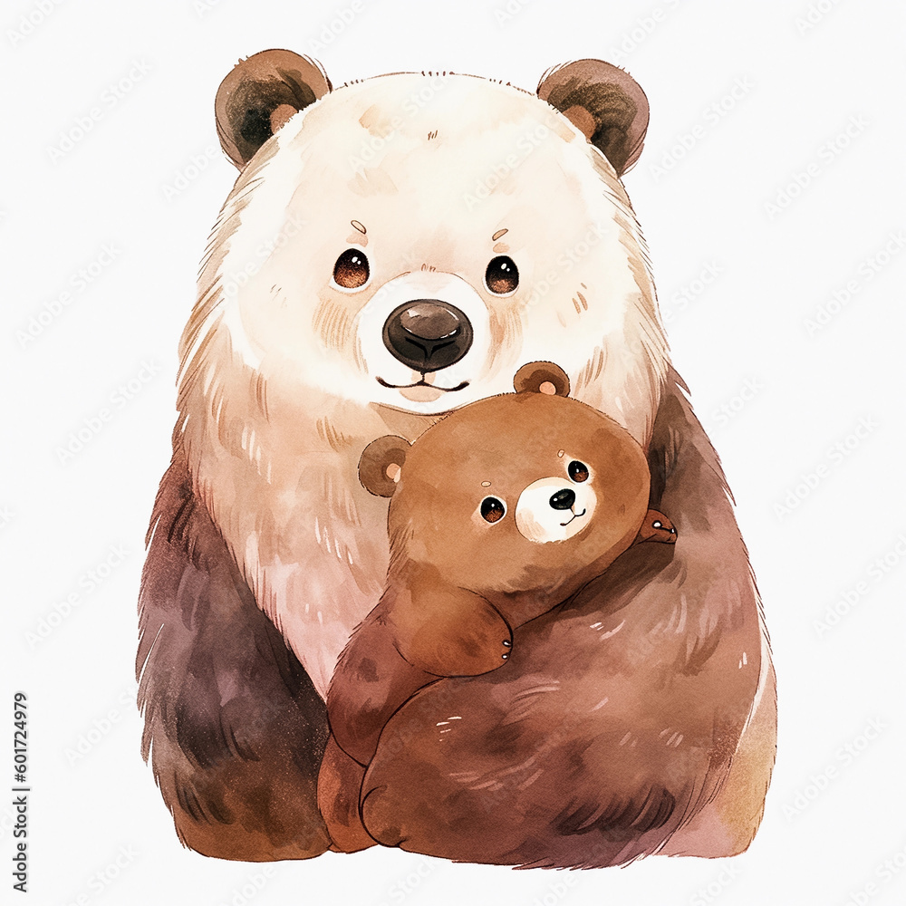 Watercolor illustration of a cartoon bear hugging a cub, isolated on ...