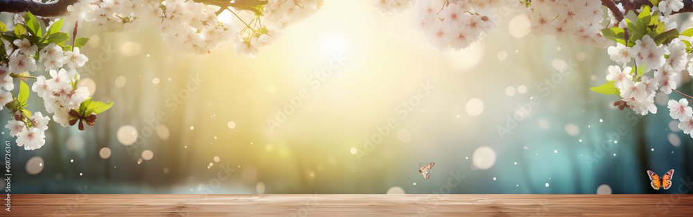 Spring, summer background with empty wooden table and blossoming tree ...
