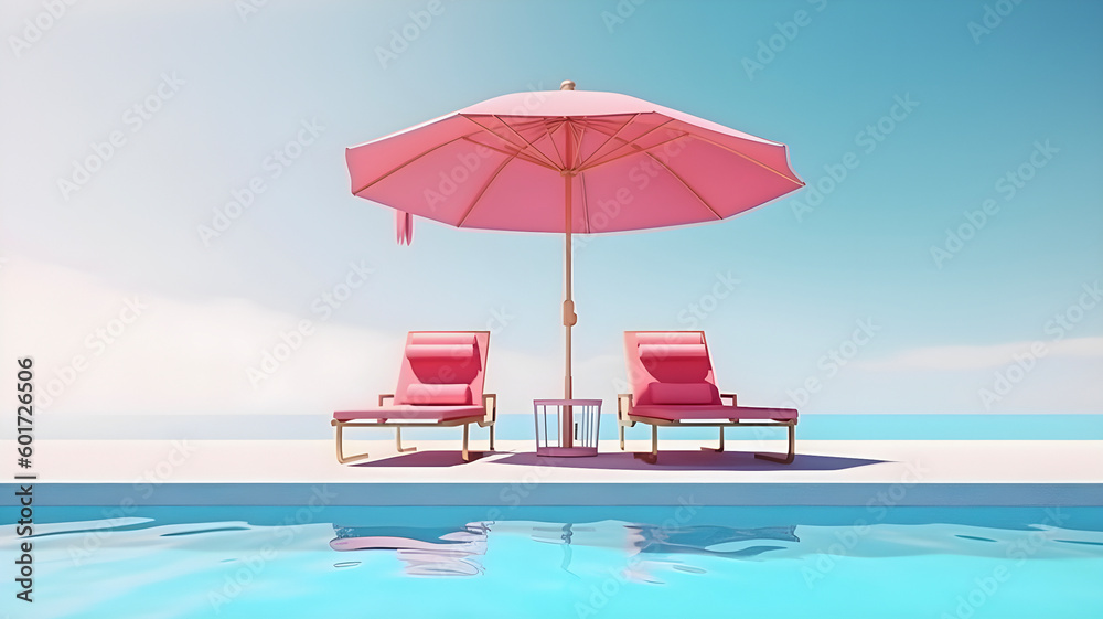 Swimming pool with pink beach umbrella and chairs by swimming pool ...