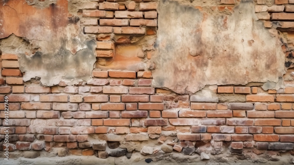 Old brick wall with chipping natural stone cladding. Vintage brickwork ...