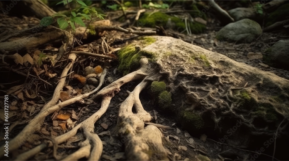 Stones and old tree roots on the ground. Roots in the forest. Close-up ...