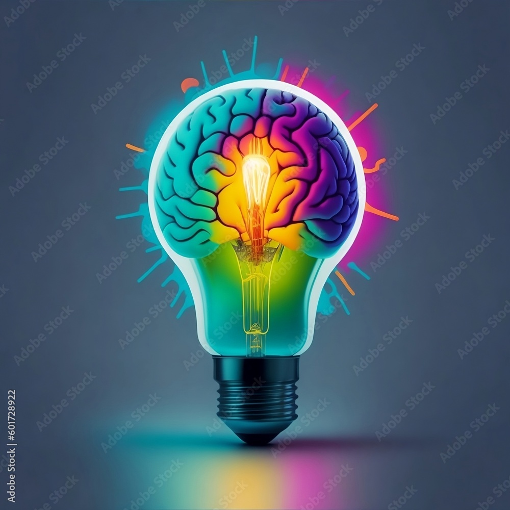 Light bulb with an overheated brain inside, bursts of light and colours ...