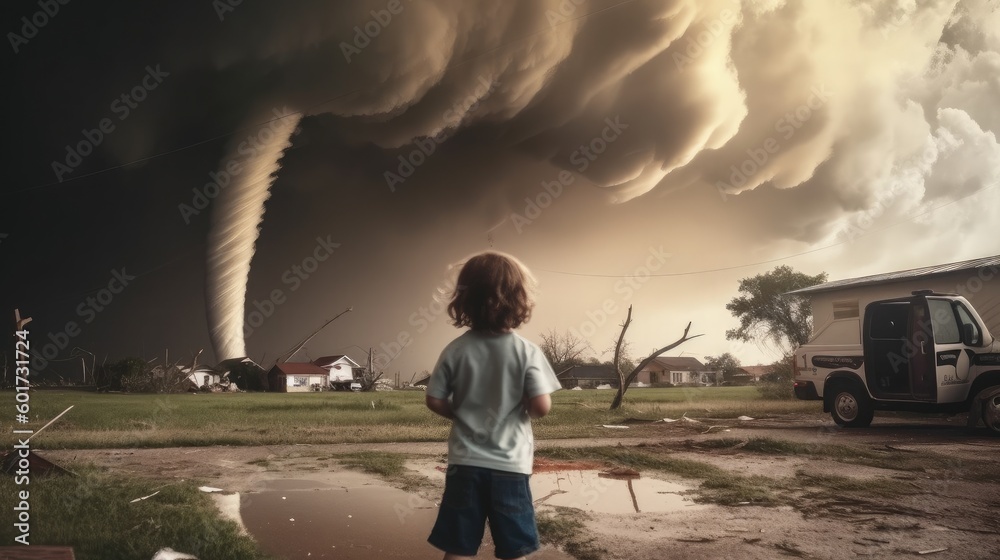 Rear view of little boy looks to huge tornado in countryside city ...