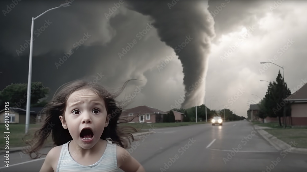 Screaming little girl runs away from huge tornado in countryside city ...