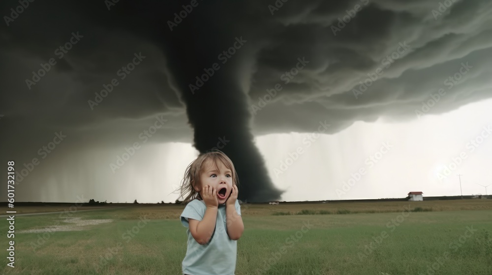 Screaming little girl runs away from huge tornado in countryside city ...