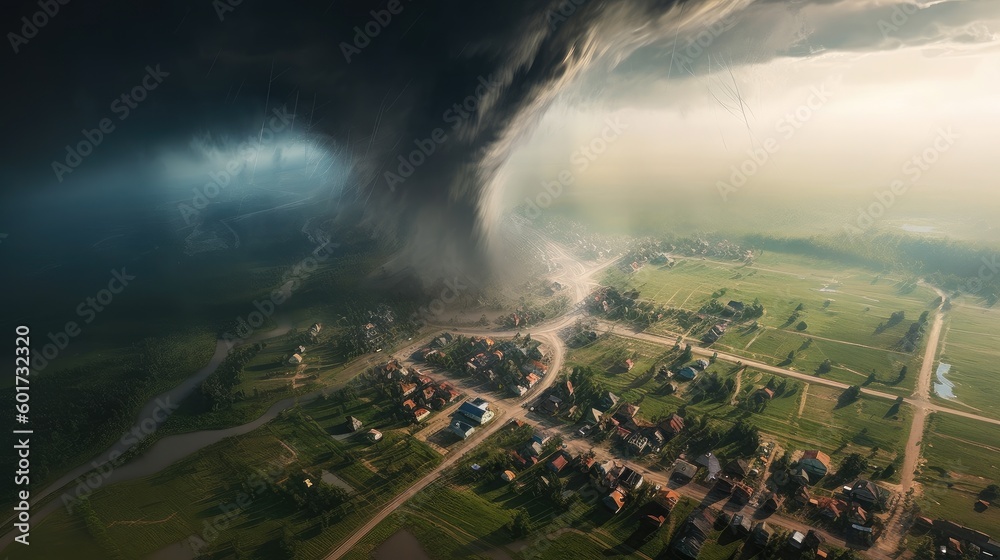 Aerial view of huge tornado in countryside city, windy weather with ...