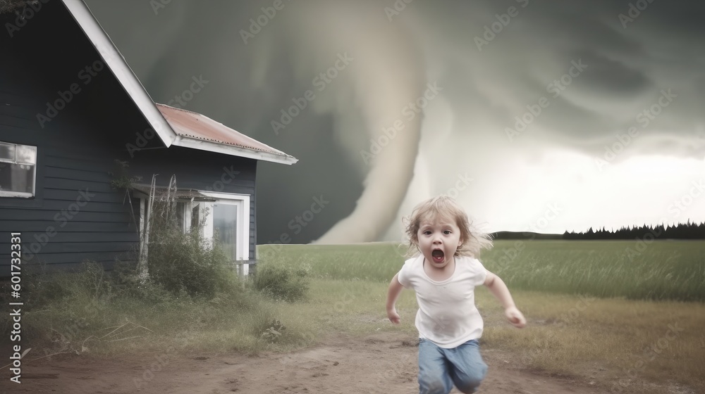 Screaming little girl runs away from huge tornado in countryside city ...