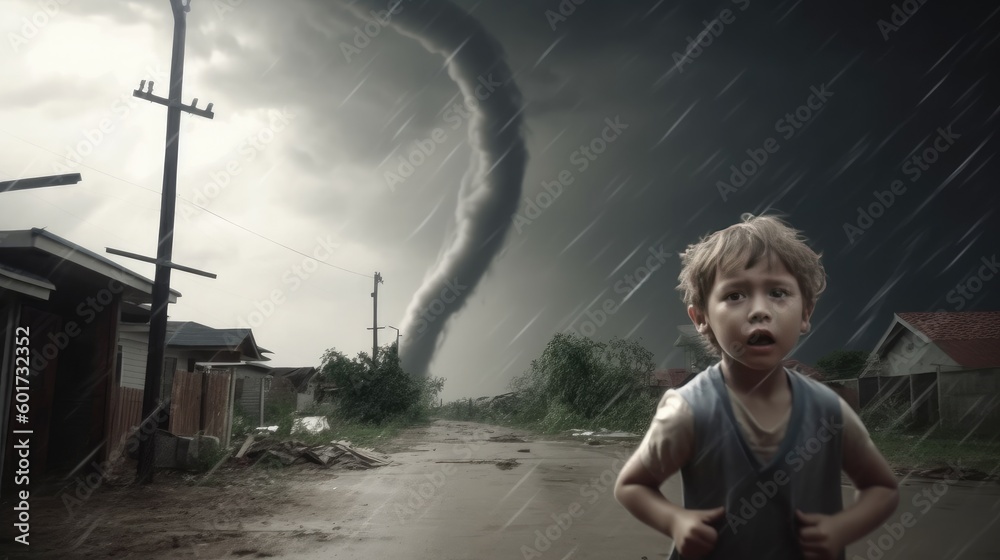 Screaming little boy runs away from huge tornado in countryside city, windy weather with strong ...