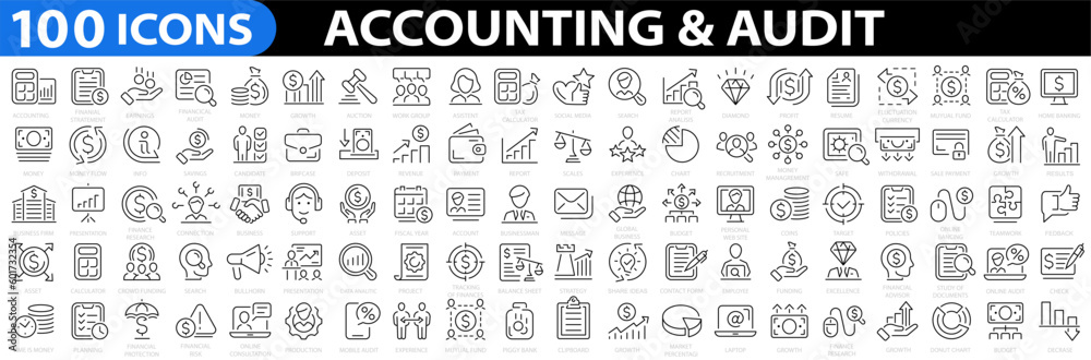 Accounting and audit icon set. Taxes and accounting line icons ...