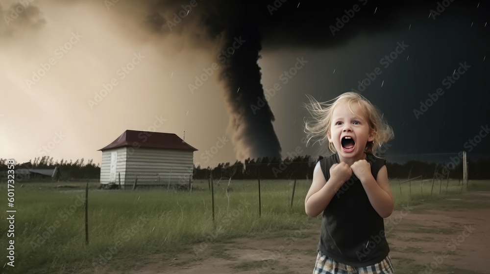 Screaming little girl runs away from huge tornado in countryside city ...