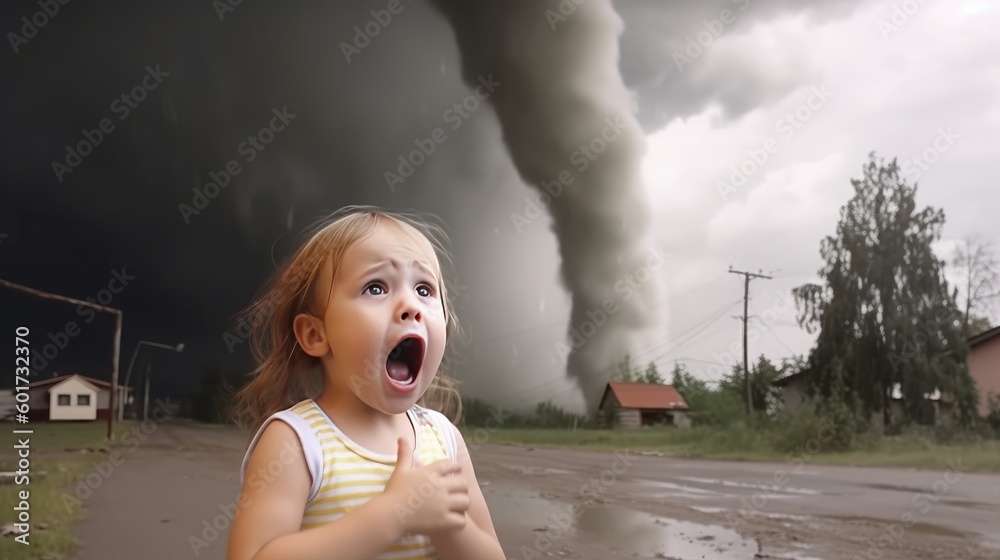 Screaming little girl runs away from huge tornado in countryside city ...