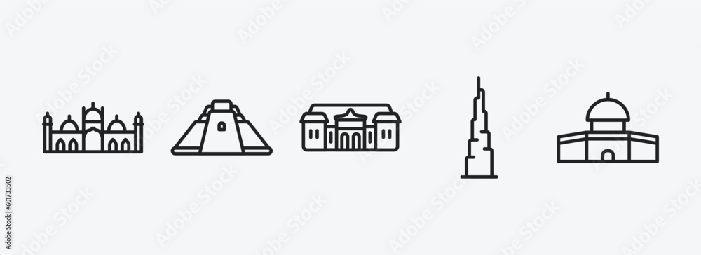 Vetor de monuments outline icons set. monuments icons such as badshahi ...