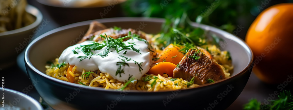 Uzbek pilaf, banner. Generative AI. Stock Illustration | Adobe Stock