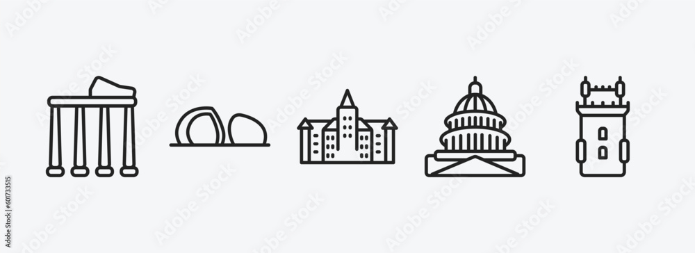 monuments outline icons set. monuments icons such as temple of apollo ...