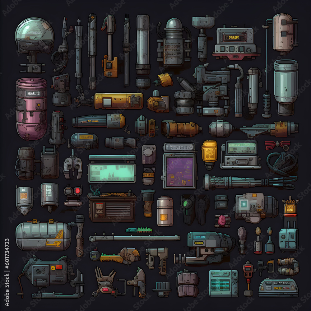 ภาพประกอบสต็อก 2D Pixel Art Gaming Items, Equipment, and Weapons for ...