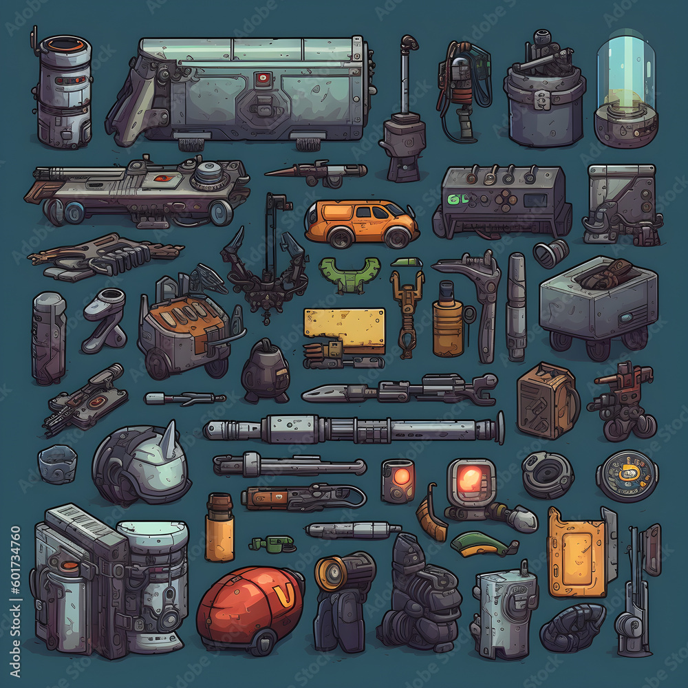ภาพประกอบสต็อก 2D Pixel Art Gaming Items, Equipment, and Weapons for ...
