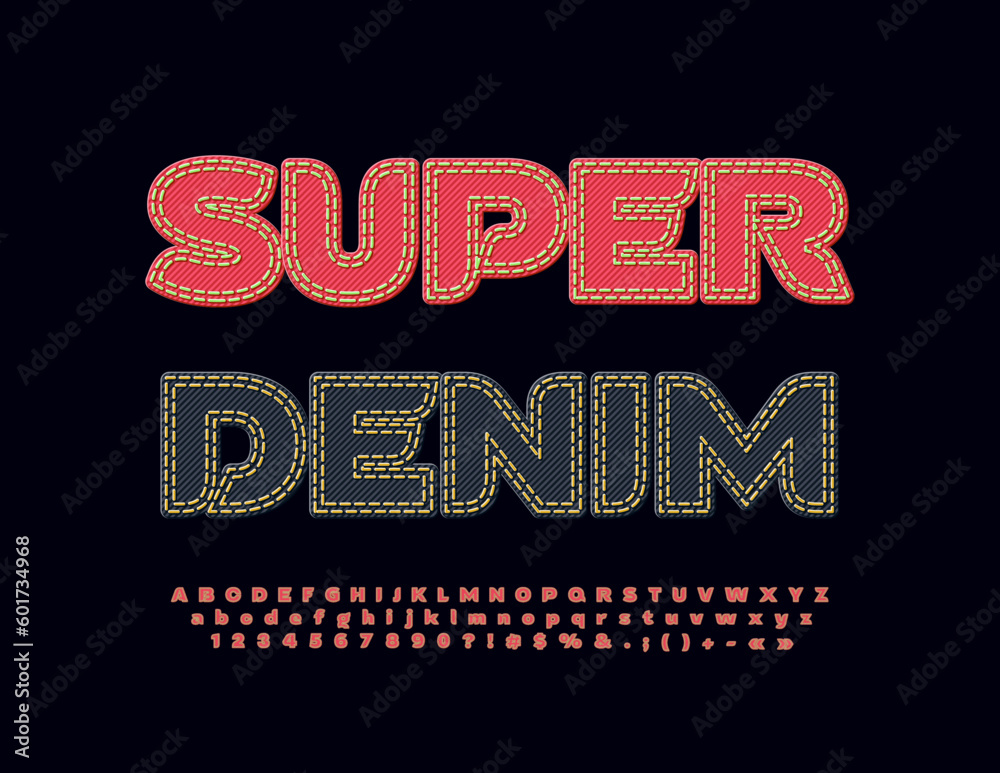 Vector marketing emblem Super Denim. Red textile Font. Jeans material ...
