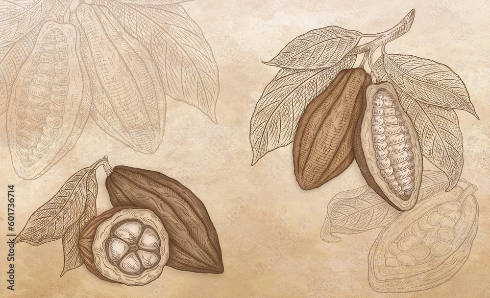 Pencil drawing of Cocoa beans on cocoa retro engraving background ...