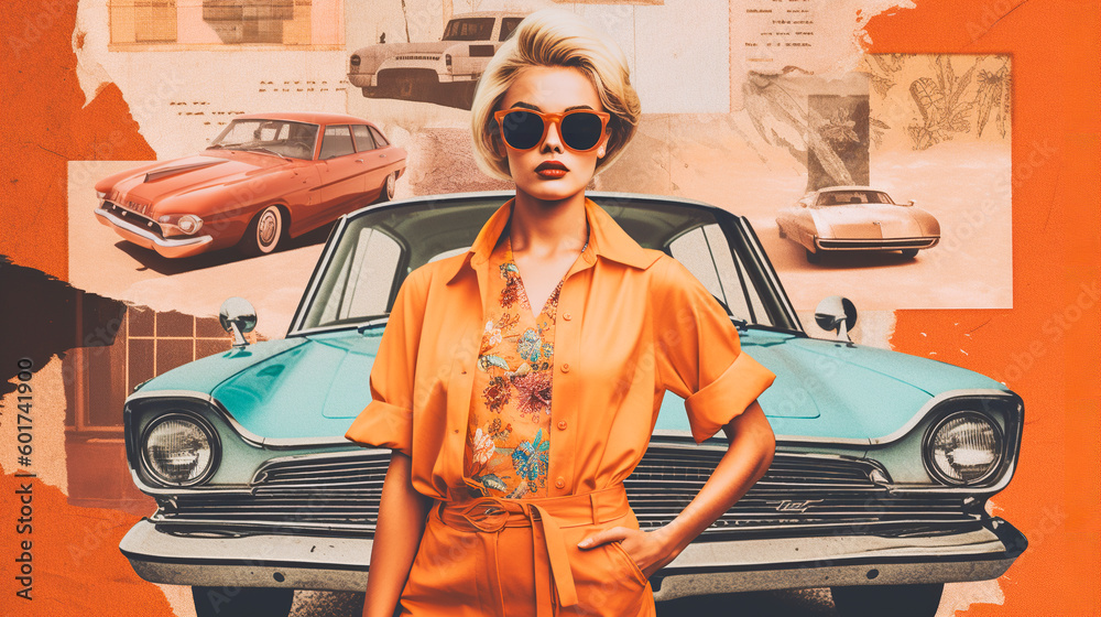 70s retro style fashion collage, woman wearing clothing with sunglasses ...