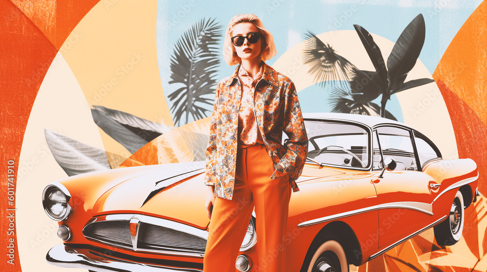 60s retro style fashion collage, woman wearing clothing with sunglasses ...