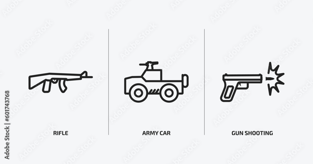 army and war outline icons set. army and war icons such as rifle, army ...
