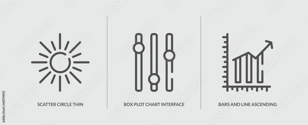 set of 3 outline icons in user interface concept. thin line icons including scatter circle thin ...