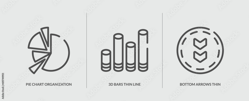 set of 3 outline icons in user interface concept. thin line icons including pie chart ...