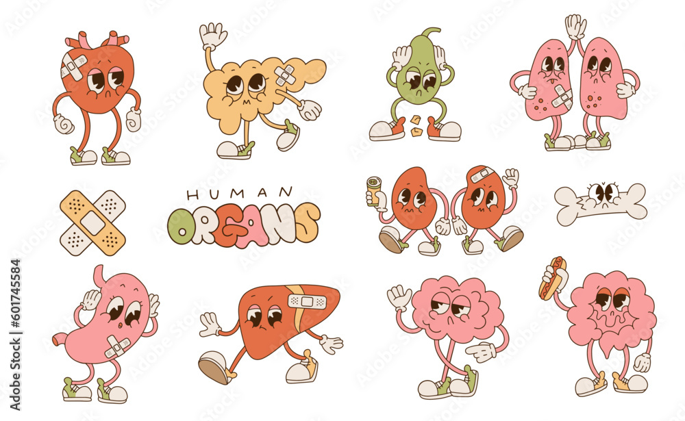 Cute retro cartoon style unhealthy sick human internal organ characters ...