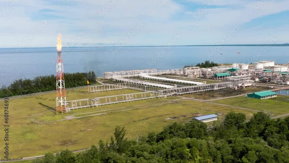 Oil and gas terminal with flaring burning of combustible exhaust gases ...