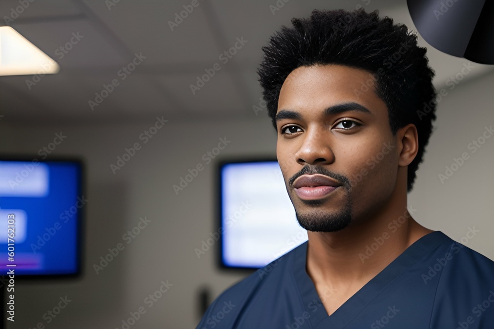 Dark-skinned doctor in a blue coat in the hospital. Generative AI ...