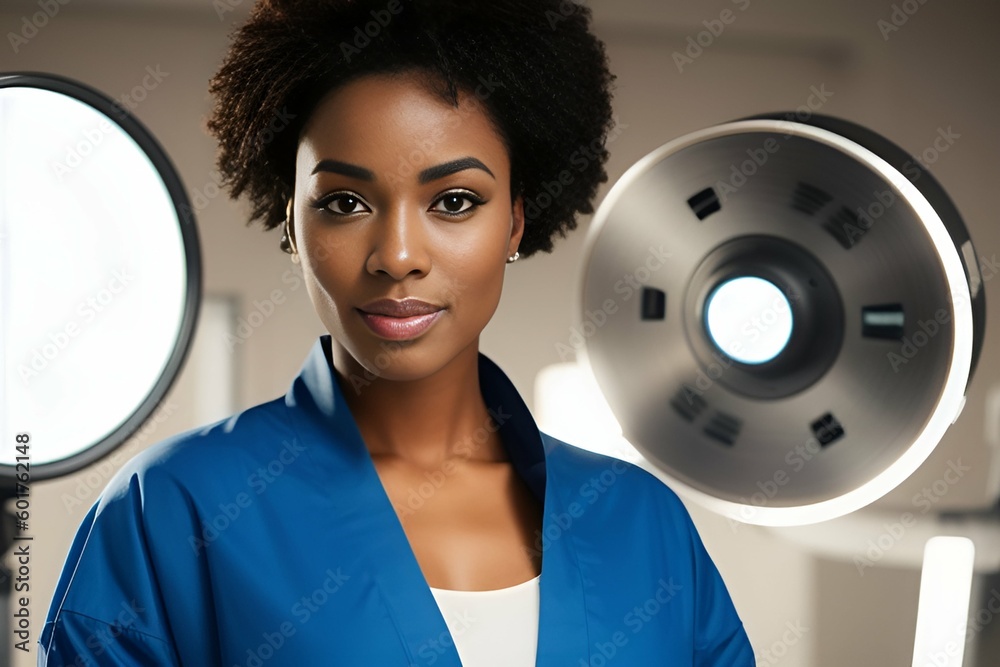 Dark-skinned model doctor in a blue coat in the operating room ...